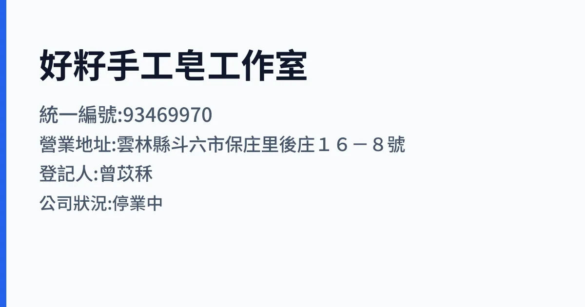 好籽手工皂工作室 - 統編 93469970(雲林縣) 公司登記資料與營業項目詳細圖表