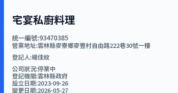 宅宴私廚料理的照片-統編 93470385(雲林縣) 公司登記資料與營業項目詳細圖表