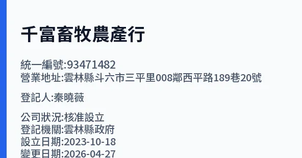 千富畜牧農產行的照片-統編 93471482(雲林縣) 公司登記資料與營業項目詳細圖表