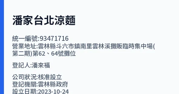 潘家台北涼麵的照片-統編 93471716(雲林縣) 公司登記資料與營業項目詳細圖表