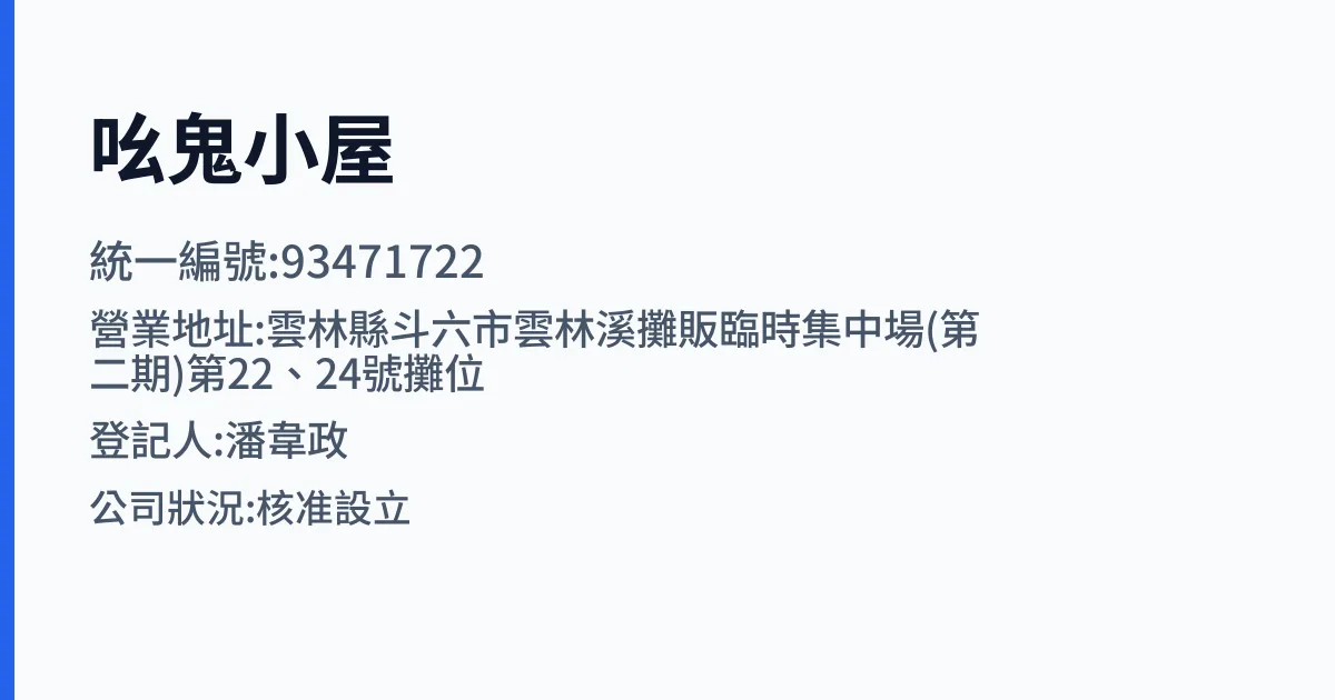吆鬼小屋 - 統編 93471722(雲林縣) 公司登記資料與營業項目詳細圖表