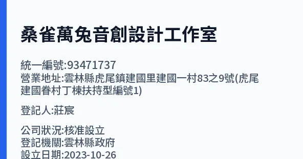 桑雀萬兔音創設計工作室的照片-統編 93471737(雲林縣) 公司登記資料與營業項目詳細圖表