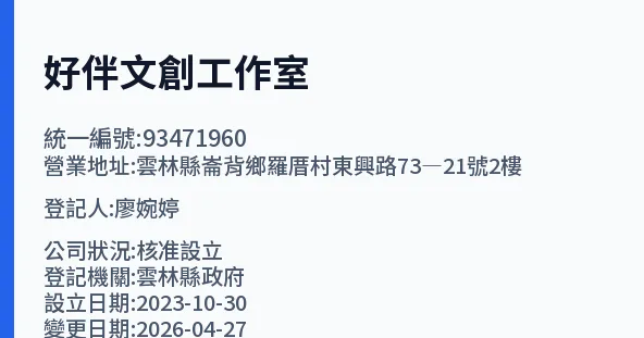 好伴文創工作室的照片-統編 93471960(雲林縣) 公司登記資料與營業項目詳細圖表