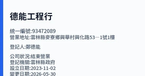 德能工程行的照片-統編 93472089(雲林縣) 公司登記資料與營業項目詳細圖表