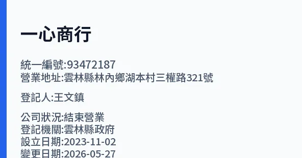 一心商行的照片-統編 93472187(雲林縣) 公司登記資料與營業項目詳細圖表