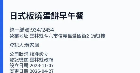 日式板燒蛋餅早午餐的照片-統編 93472454(雲林縣) 公司登記資料與營業項目詳細圖表