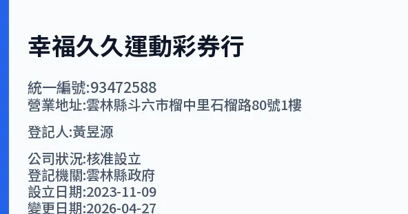 幸福久久運動彩券行的照片-統編 93472588(雲林縣) 公司登記資料與營業項目詳細圖表