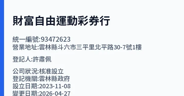 財富自由運動彩券行的照片-統編 93472623(雲林縣) 公司登記資料與營業項目詳細圖表