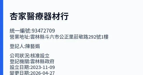 杏家醫療器材行的照片-統編 93472709(雲林縣) 公司登記資料與營業項目詳細圖表