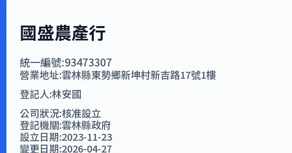國盛農產行的照片-統編 93473307(雲林縣) 公司登記資料與營業項目詳細圖表