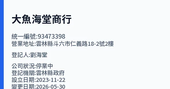 大魚海堂商行的照片-統編 93473398(雲林縣) 公司登記資料與營業項目詳細圖表