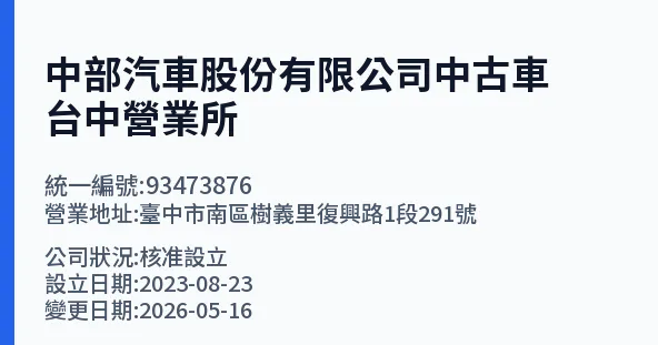 中部汽車股份有限公司中古車台中營業所的照片-統編 93473876(臺中市) 公司登記資料與營業項目詳細圖表