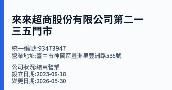來來超商股份有限公司第二一三五門市的照片-統編 93473947(臺中市) 公司登記資料與營業項目詳細圖表