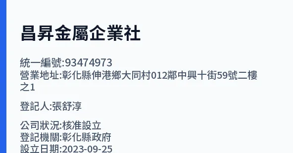 昌昇金屬企業社的照片-統編 93474973(彰化縣) 公司登記資料與營業項目詳細圖表