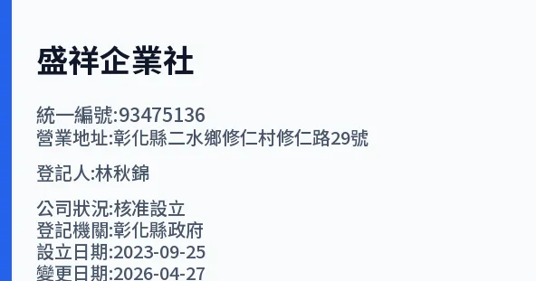 盛祥企業社的照片-統編 93475136(彰化縣) 公司登記資料與營業項目詳細圖表