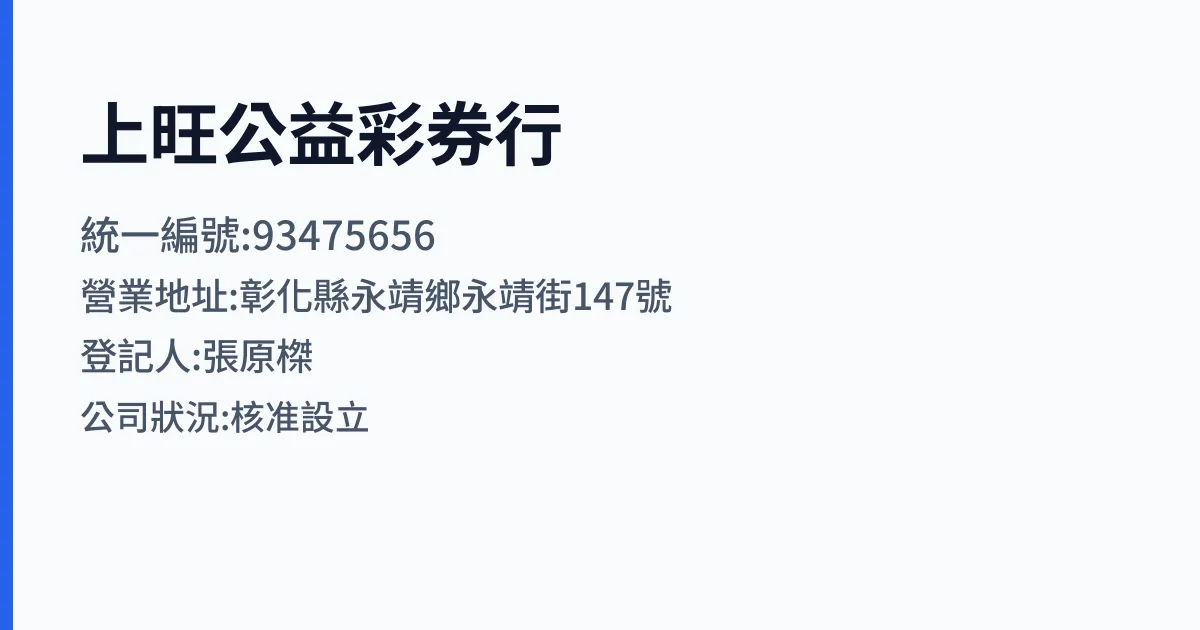 上旺公益彩券行 - 統編 93475656(彰化縣) 公司登記資料與營業項目詳細圖表