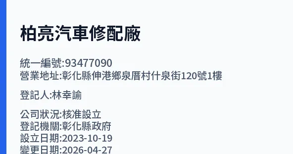 柏亮汽車修配廠的照片-統編 93477090(彰化縣) 公司登記資料與營業項目詳細圖表