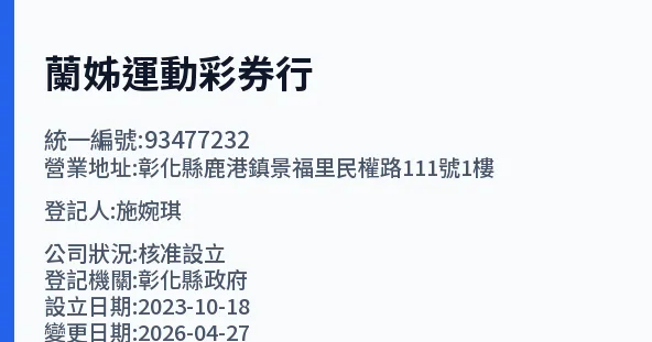 蘭姊運動彩券行的照片-統編 93477232(彰化縣) 公司登記資料與營業項目詳細圖表