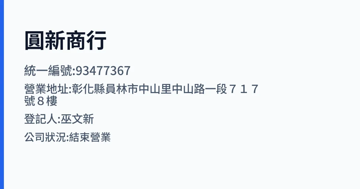 圓新商行 - 統編 93477367(彰化縣) 公司登記資料與營業項目詳細圖表