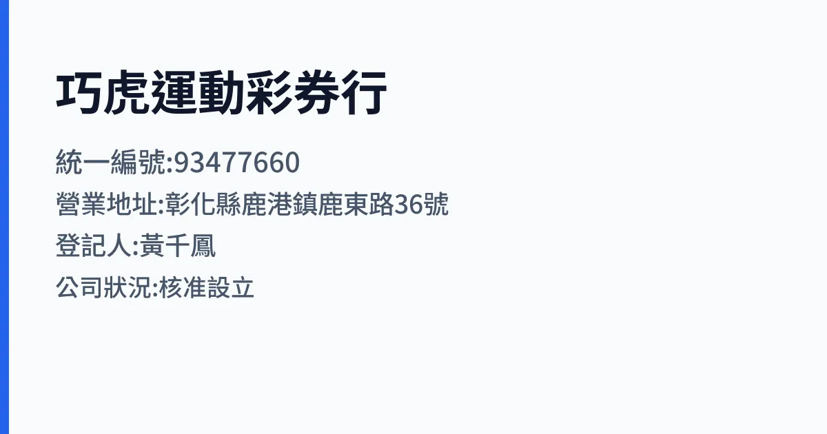 巧虎運動彩券行 - 統編 93477660(彰化縣) 公司登記資料與營業項目詳細圖表