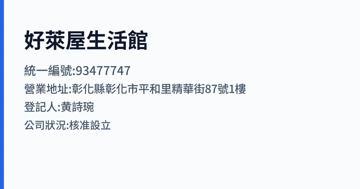 好萊屋生活館 - 統編 93477747(彰化縣) 公司登記資料與營業項目詳細圖表