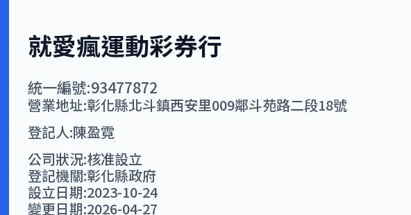 就愛瘋運動彩券行的照片-統編 93477872(彰化縣) 公司登記資料與營業項目詳細圖表