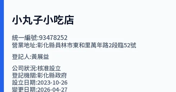 小丸子小吃店的照片-統編 93478252(彰化縣) 公司登記資料與營業項目詳細圖表