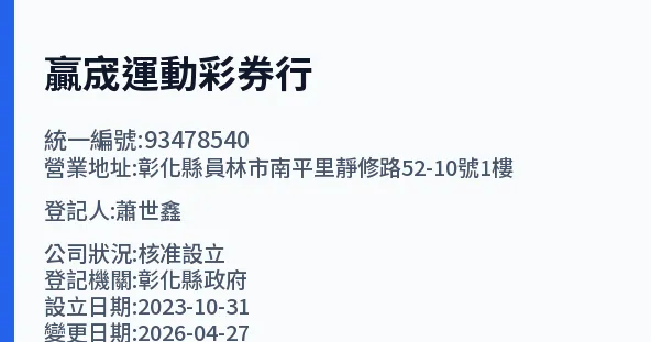贏宬運動彩券行的照片-統編 93478540(彰化縣) 公司登記資料與營業項目詳細圖表