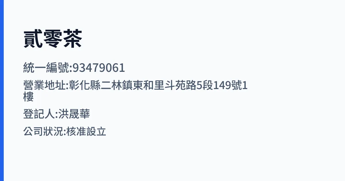 貳零茶 - 統編 93479061(彰化縣) 公司登記資料與營業項目詳細圖表