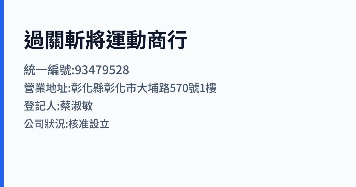 過關斬將運動商行 - 統編 93479528(彰化縣) 公司登記資料與營業項目詳細圖表