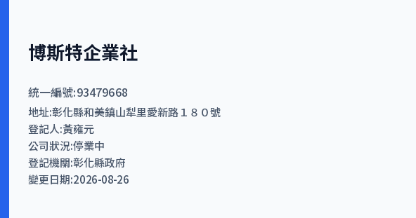 博斯特企業社的照片-統編 93479668(彰化縣) 公司登記資料與營業項目詳細圖表