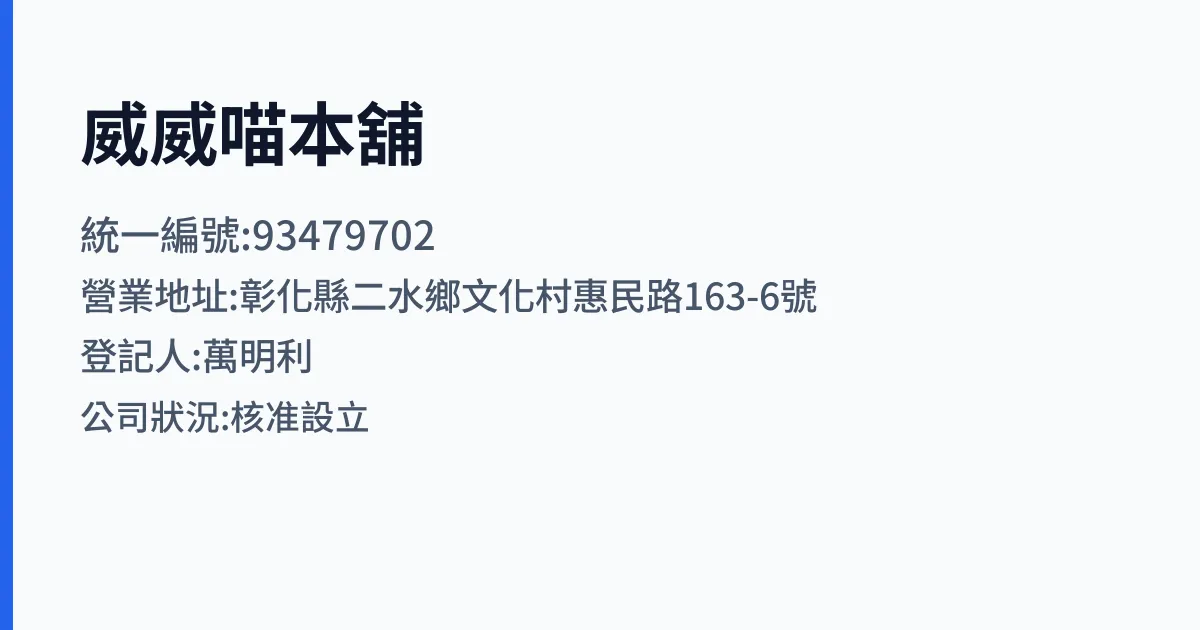 威威喵本舖 - 統編 93479702（彰化縣） 公司登記資料與營業項目詳細圖表