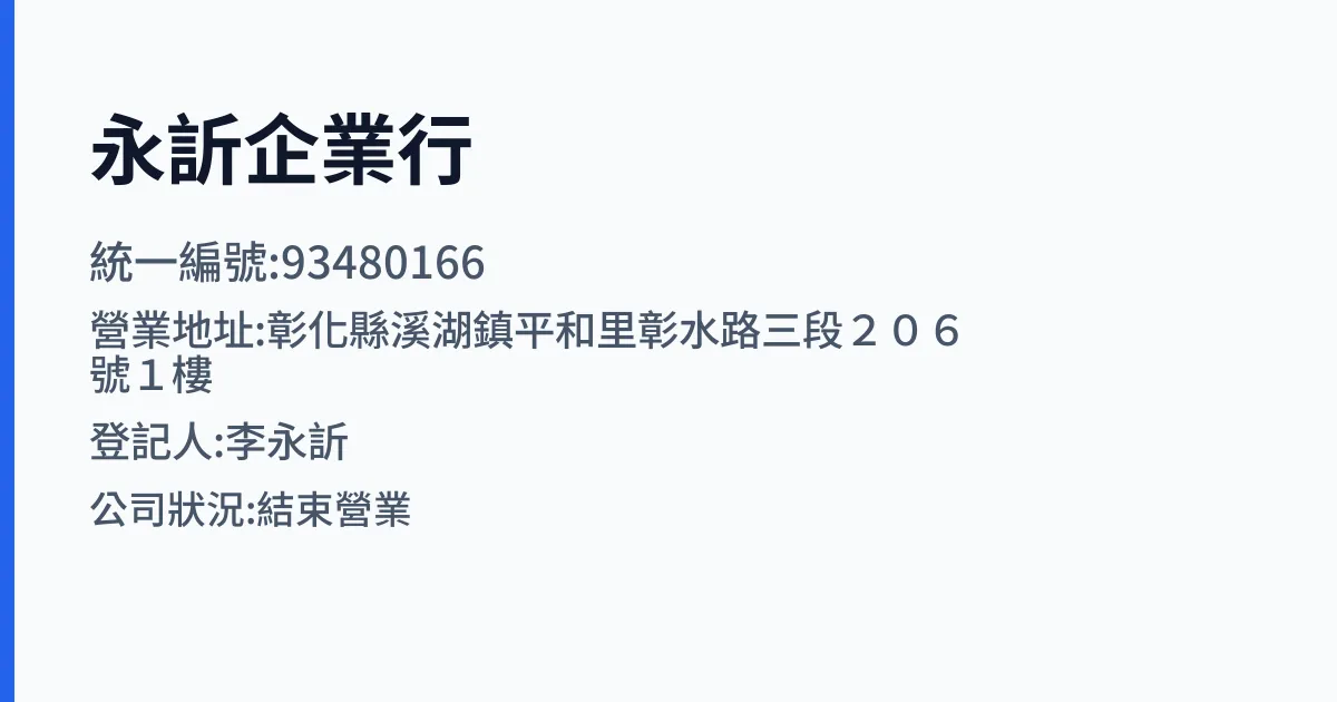 永訢企業行 - 統編 93480166(彰化縣) 公司登記資料與營業項目詳細圖表