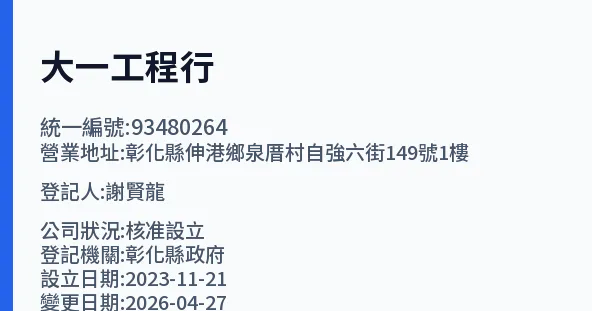 大一工程行的照片-統編 93480264(彰化縣) 公司登記資料與營業項目詳細圖表