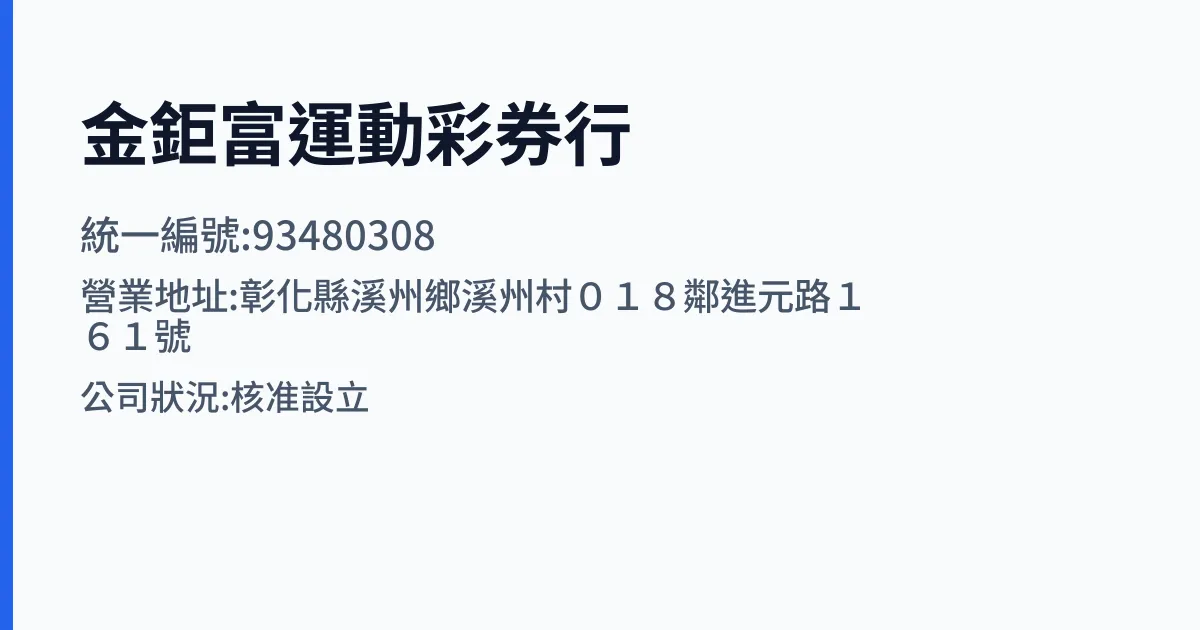 金鉅富運動彩券行 - 統編 93480308(彰化縣) 公司登記資料與營業項目詳細圖表
