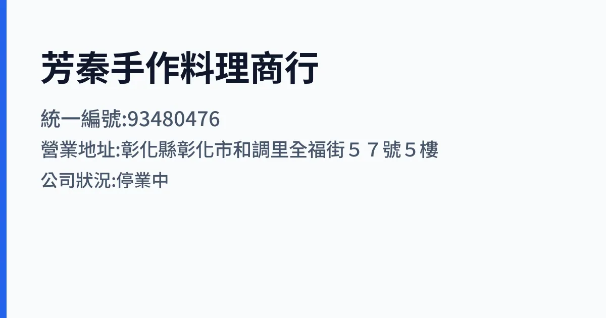 芳秦手作料理商行 - 統編 93480476(彰化縣) 公司登記資料與營業項目詳細圖表