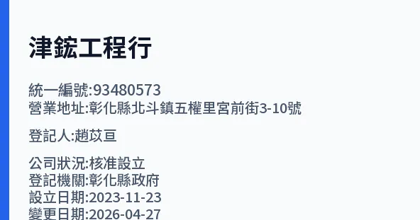 津鋐工程行的照片-統編 93480573(彰化縣) 公司登記資料與營業項目詳細圖表
