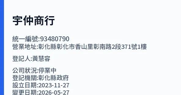 宇仲商行的照片-統編 93480790(彰化縣) 公司登記資料與營業項目詳細圖表