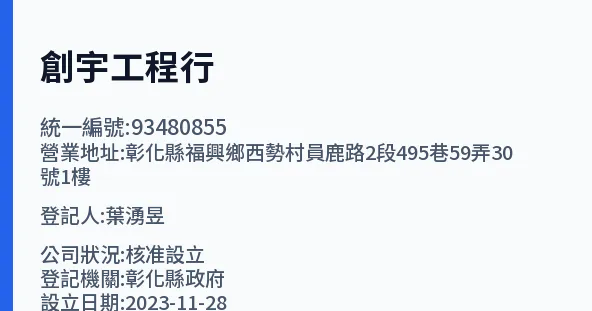 創宇工程行的照片-統編 93480855(彰化縣) 公司登記資料與營業項目詳細圖表