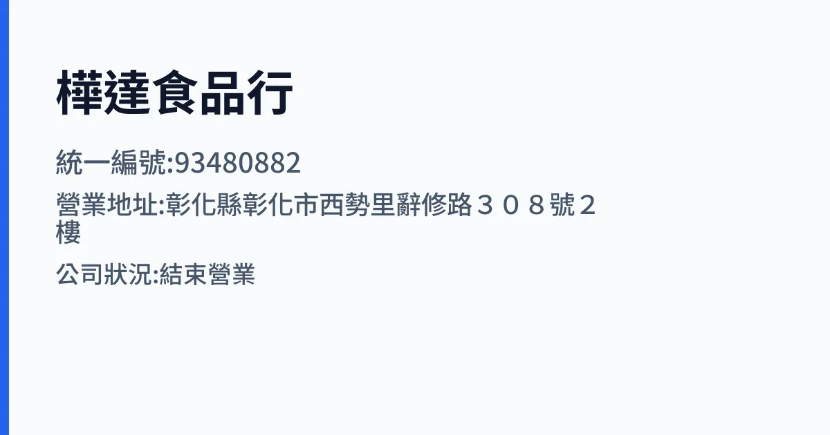 樺達食品行 - 統編 93480882(彰化縣) 公司登記資料與營業項目詳細圖表