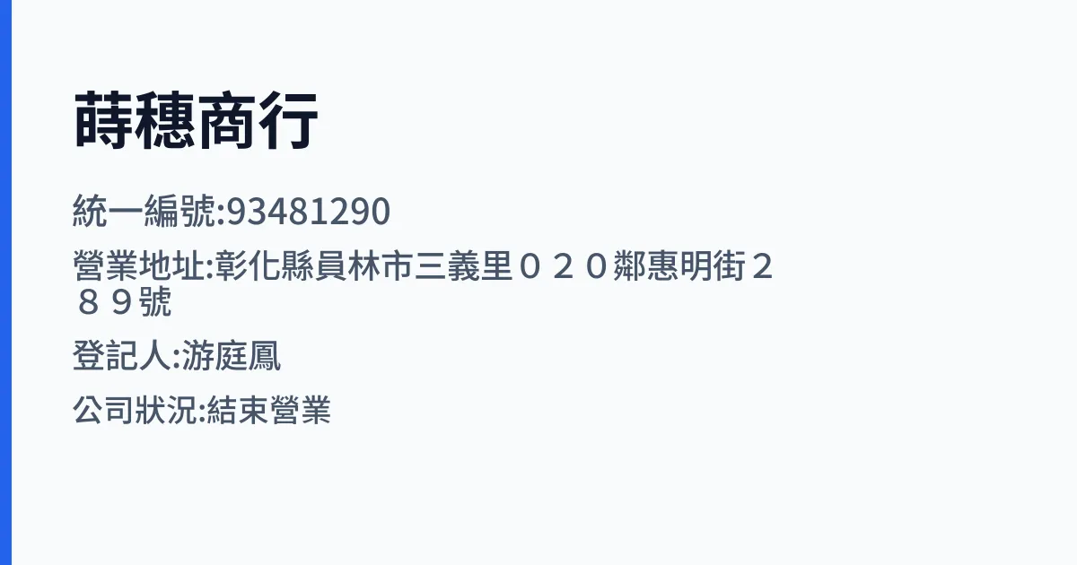 蒔穗商行 - 統編 93481290(彰化縣) 公司登記資料與營業項目詳細圖表