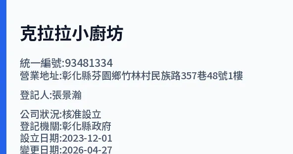克拉拉小廚坊的照片-統編 93481334(彰化縣) 公司登記資料與營業項目詳細圖表