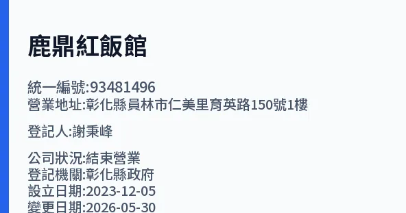 鹿鼎紅飯館的照片-統編 93481496(彰化縣) 公司登記資料與營業項目詳細圖表