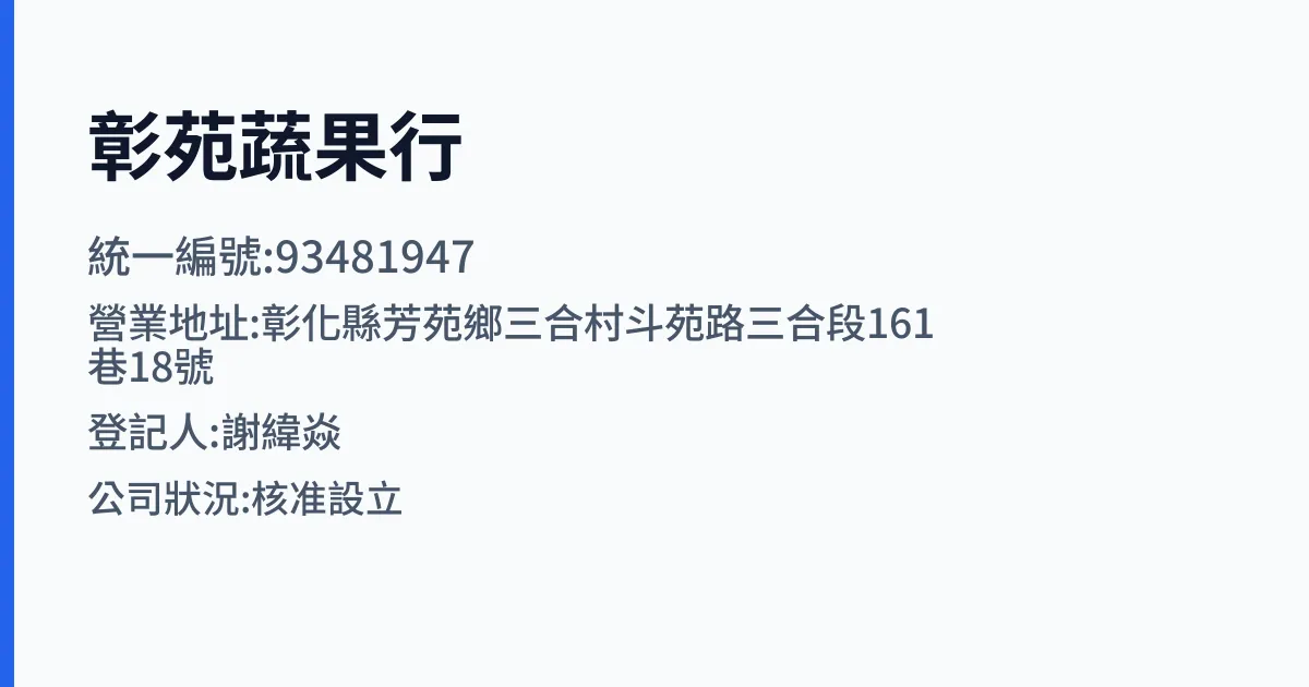 彰苑蔬果行 - 統編 93481947(彰化縣) 公司登記資料與營業項目詳細圖表
