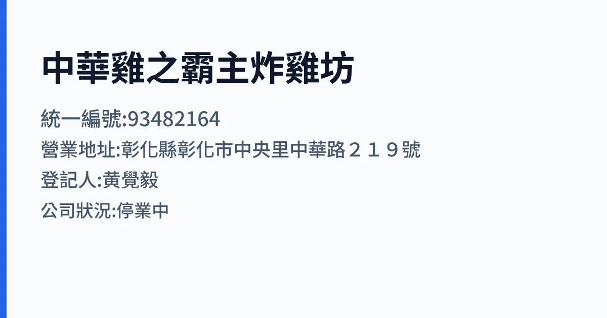 中華雞之霸主炸雞坊 - 統編 93482164（彰化縣） 公司登記資料與營業項目詳細圖表