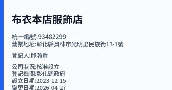 布衣本店服飾店的照片-統編 93482299(彰化縣) 公司登記資料與營業項目詳細圖表