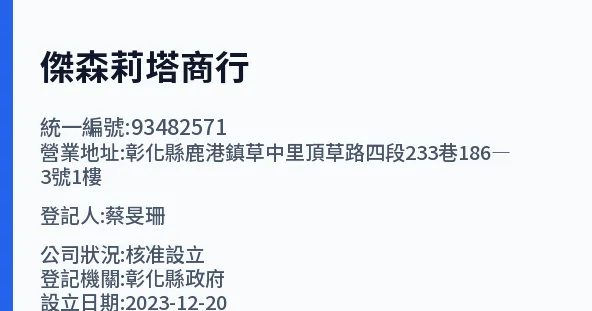 傑森莉塔商行的照片-統編 93482571(彰化縣) 公司登記資料與營業項目詳細圖表