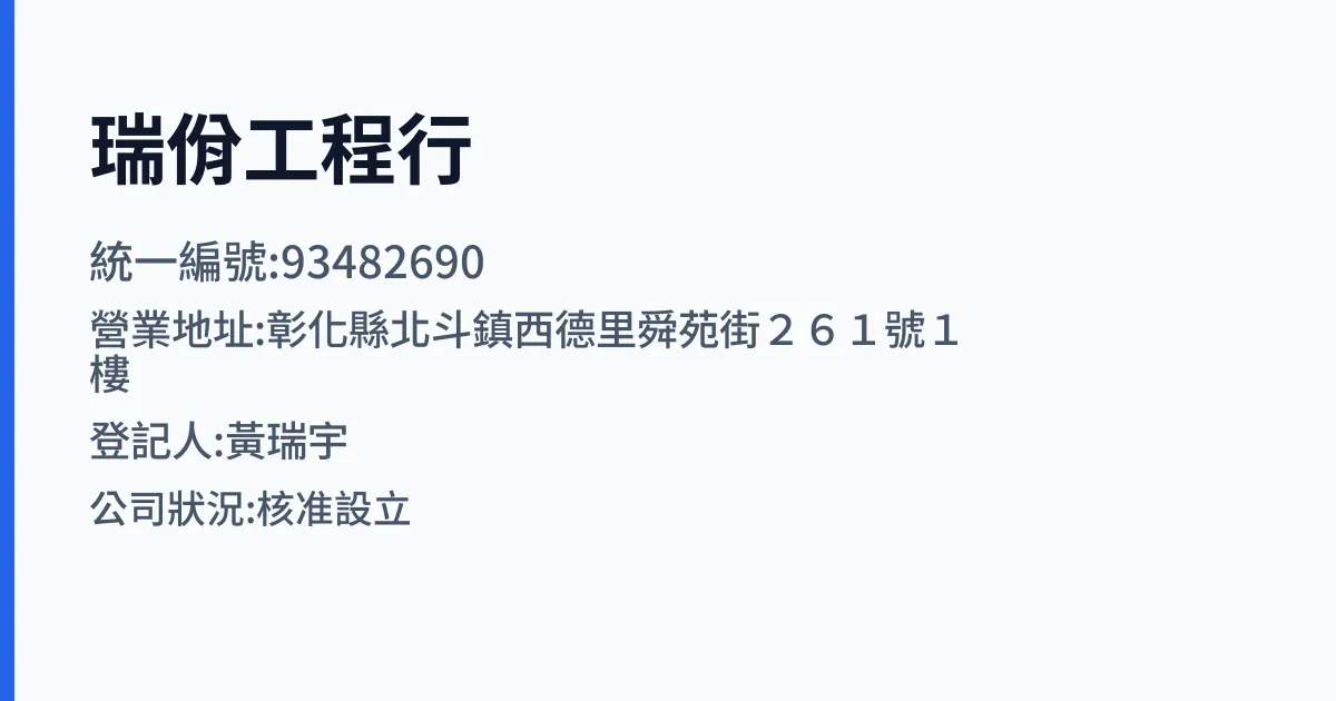 瑞佾工程行 - 統編 93482690(彰化縣) 公司登記資料與營業項目詳細圖表
