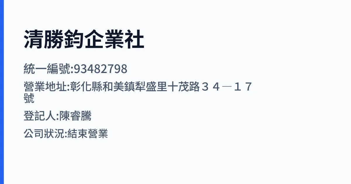 清勝鈞企業社 - 統編 93482798(彰化縣) 公司登記資料與營業項目詳細圖表