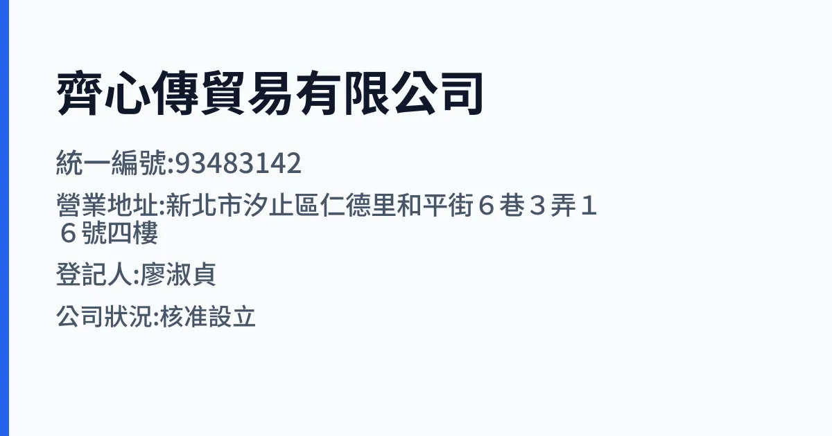 齊心傳貿易有限公司 - 統編 93483142(新北市) 公司登記資料與營業項目詳細圖表